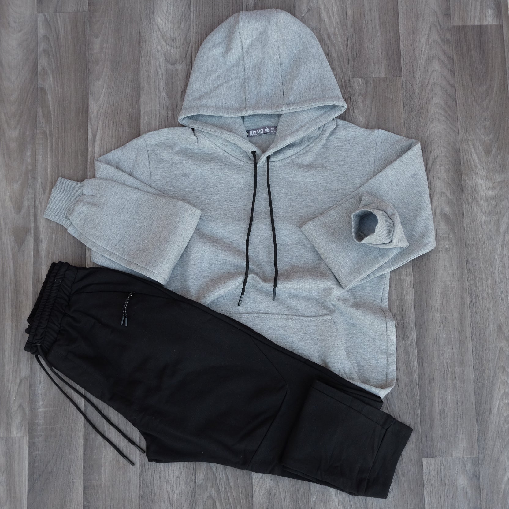 Ensemble Jogging Beska Noir + Capuche Cotton Gris Chine Clair – Kelmo