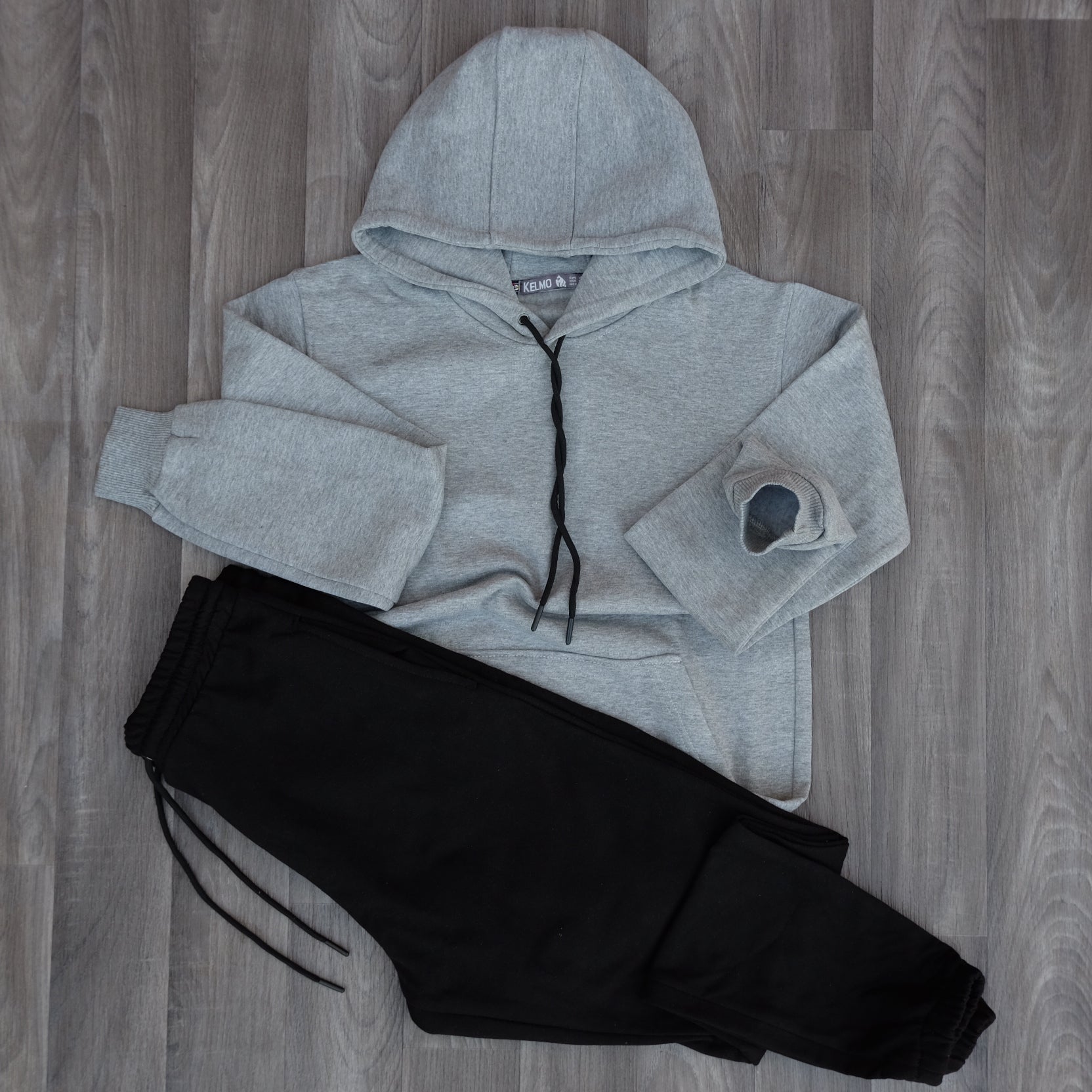 Ensemble Jogging Noir + Capuche Cotton Gris Chine Clair – Kelmo